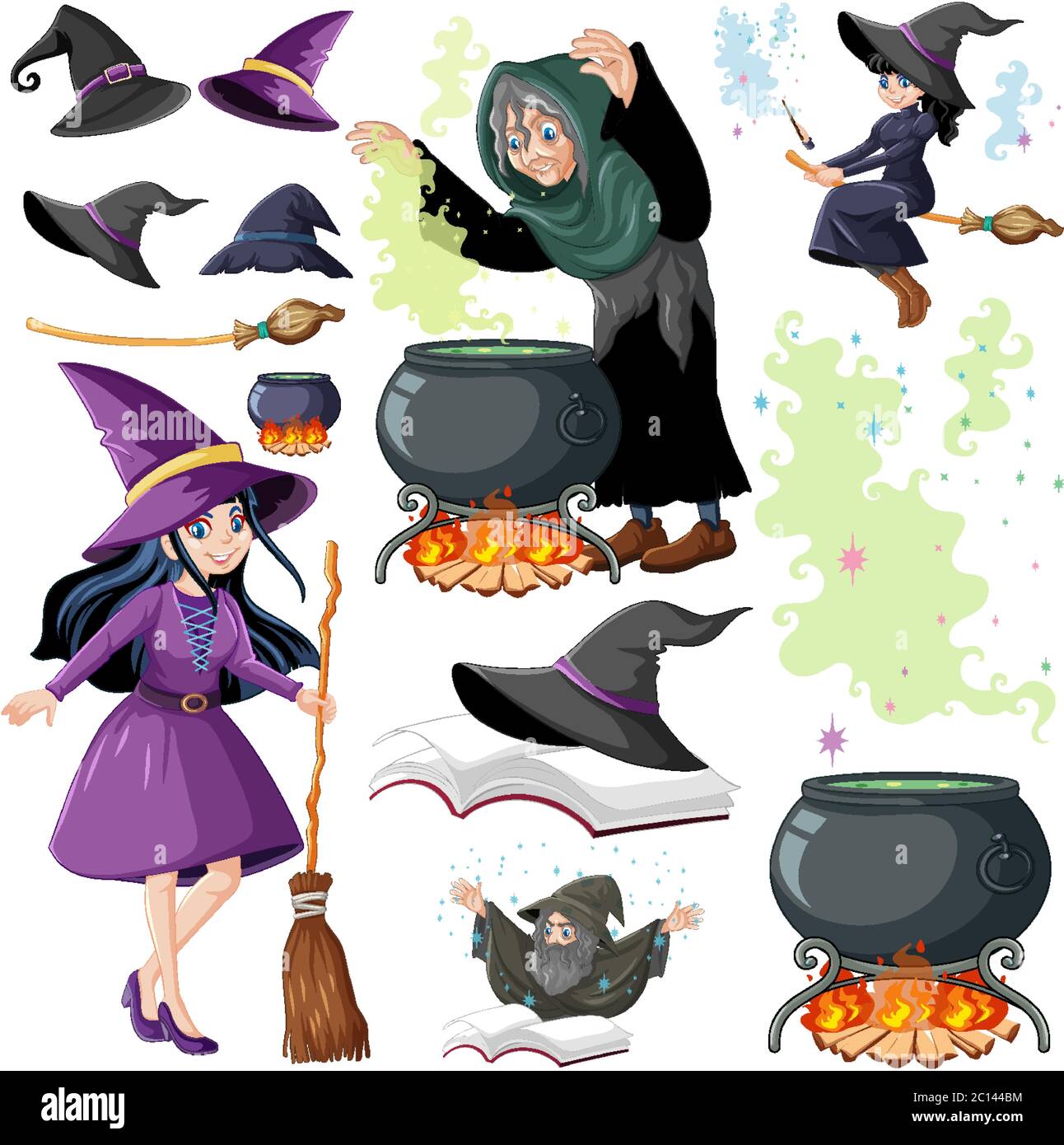Set of wizard or witches and magic tools cartoon style isolated on ...