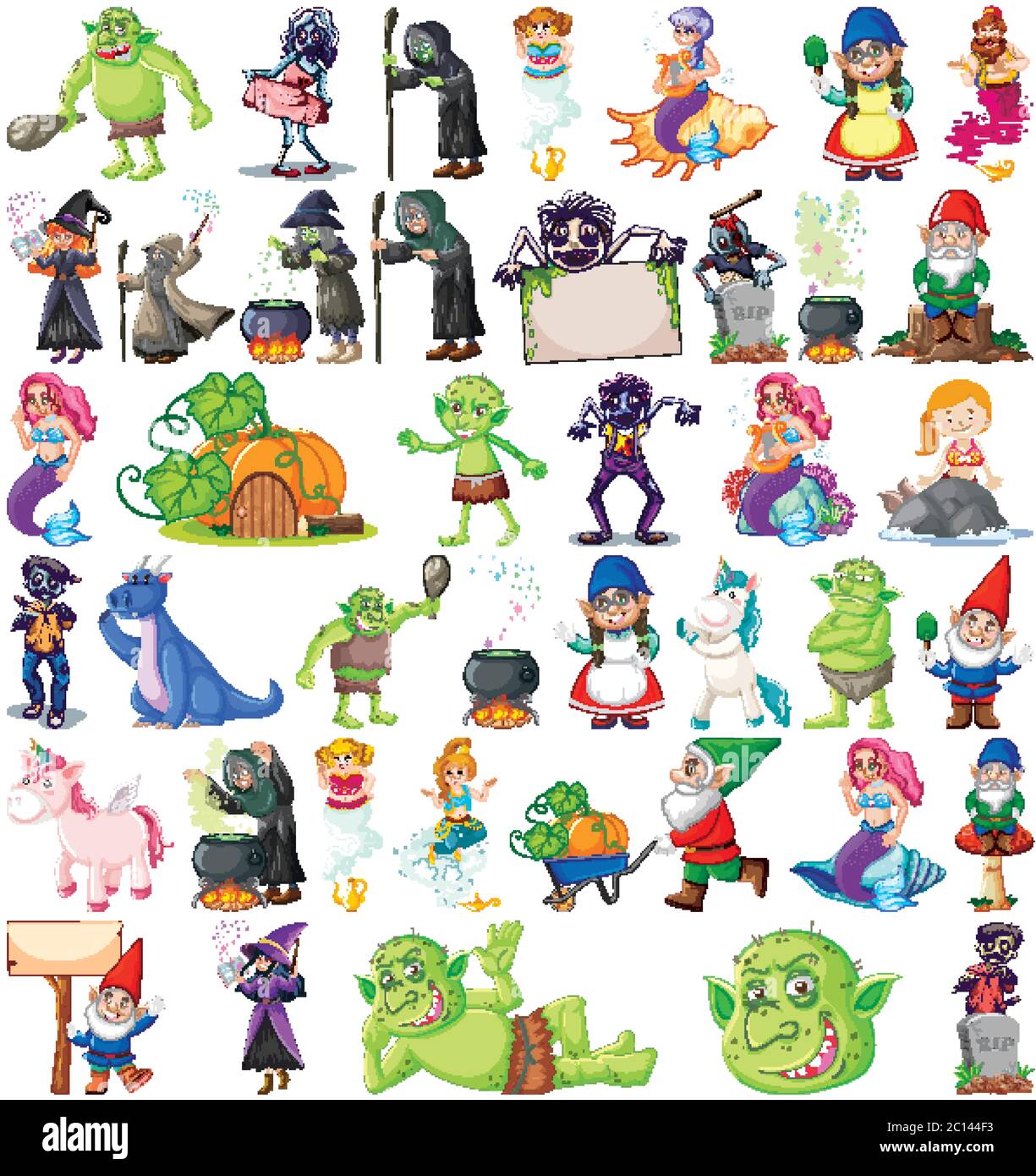 Set of fantasy cartoon characters and fantasy theme isolated on white ...