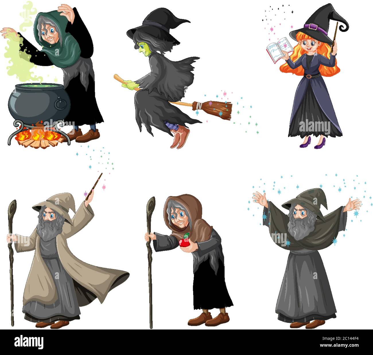 Set of wizard or witches with magic tools cartoon style isolated on ...