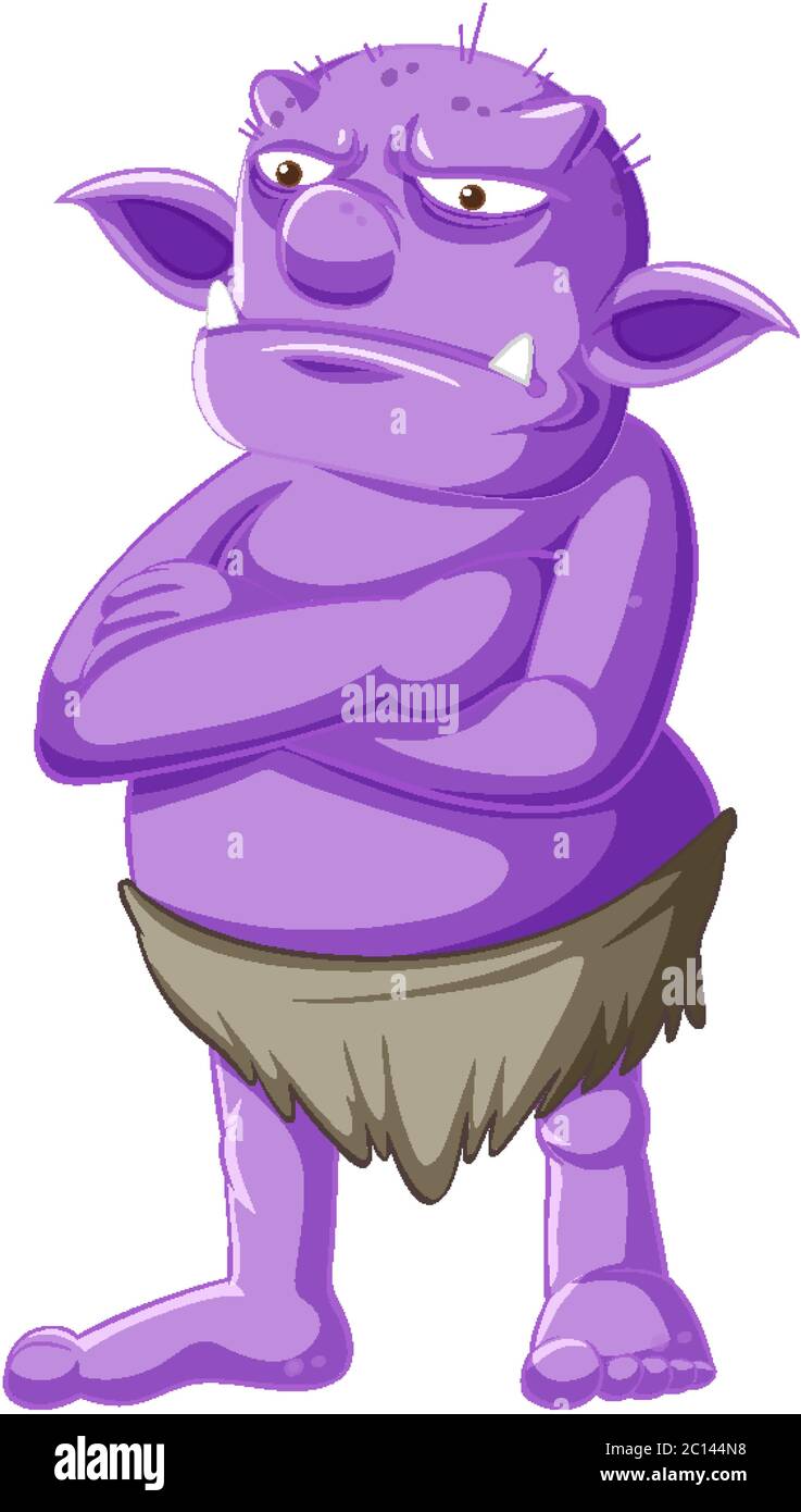 Purple goblin or troll standing pose with anger face in cartoon ...