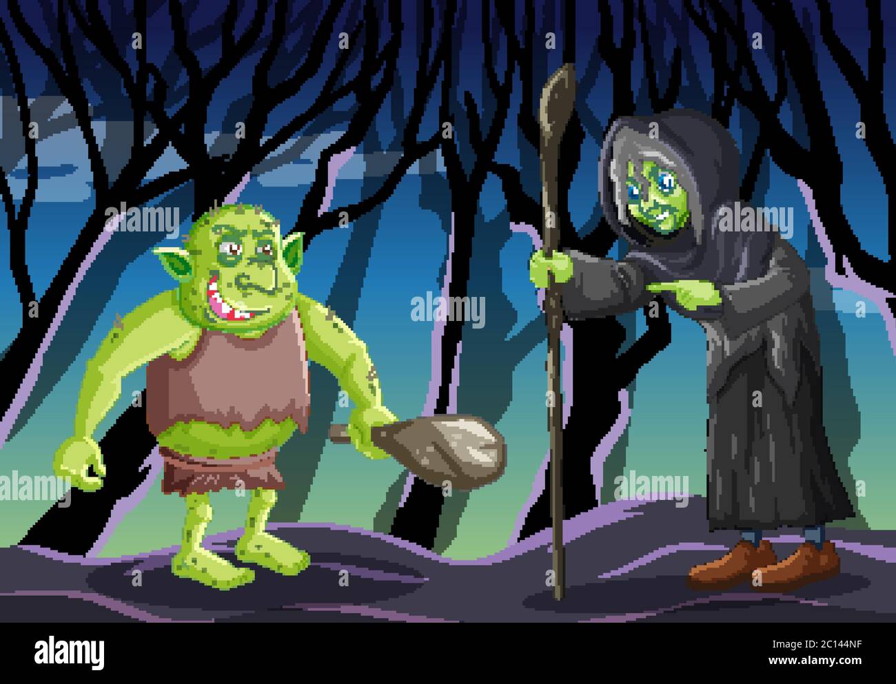 Wizard or witch with goblin or troll on dark forest background ...