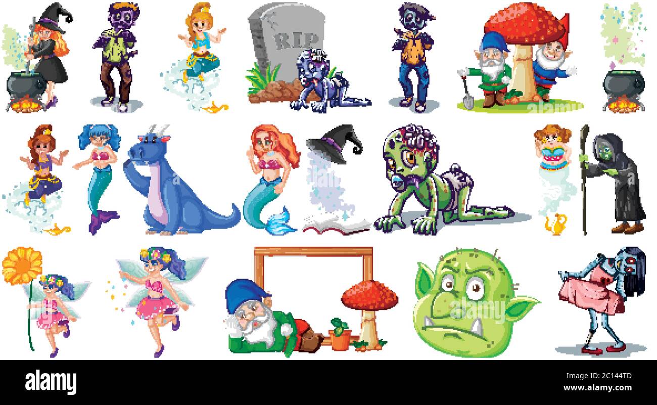 Set of fantasy cartoon characters and fantasy theme isolated on white ...