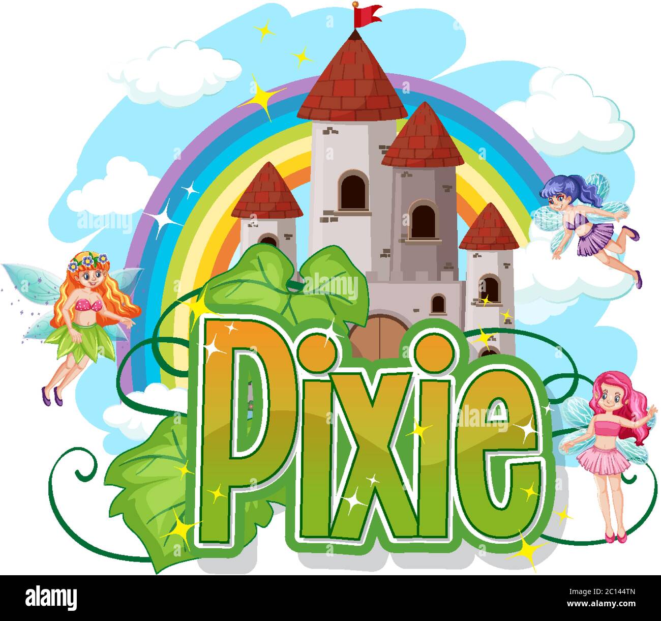 Pixie logo with little fairies on rainbow sky background illustration ...