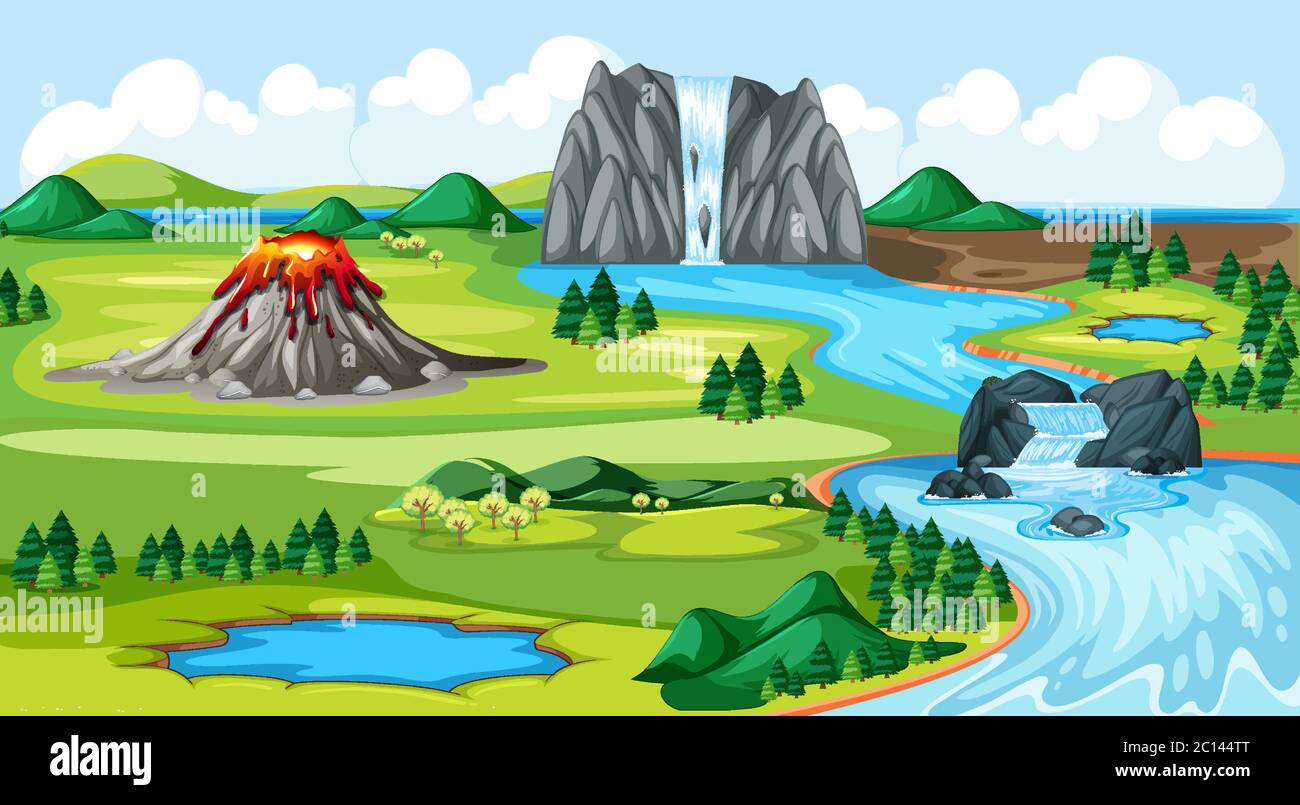 Meadow park and volcano with water fall river side landscape scene ...