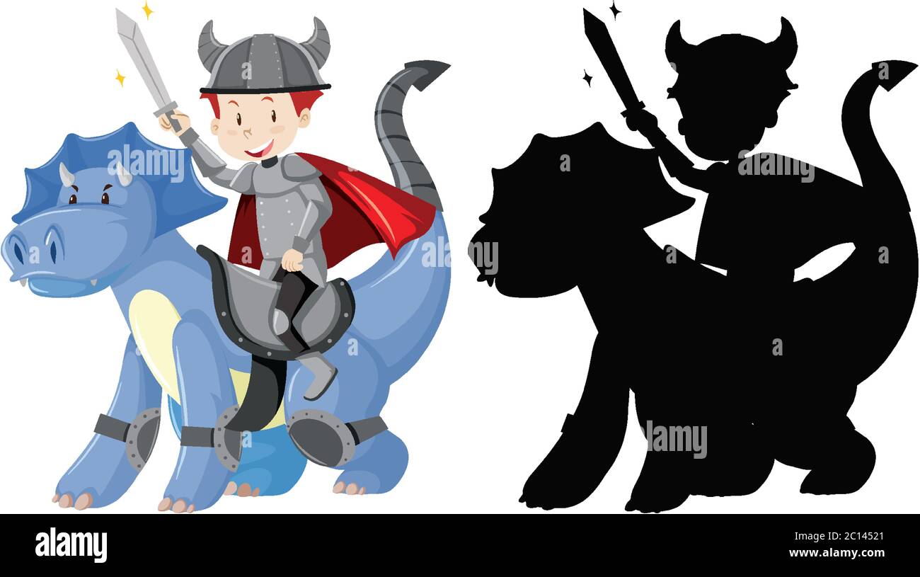 Knight riding cute dragon with sword in color and silhouette ...