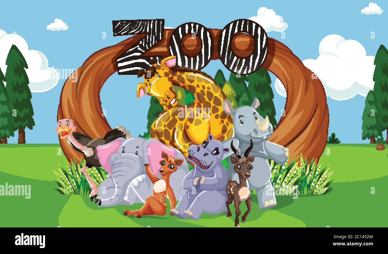 Zoo animals in the wild nature background illustration Stock Vector ...