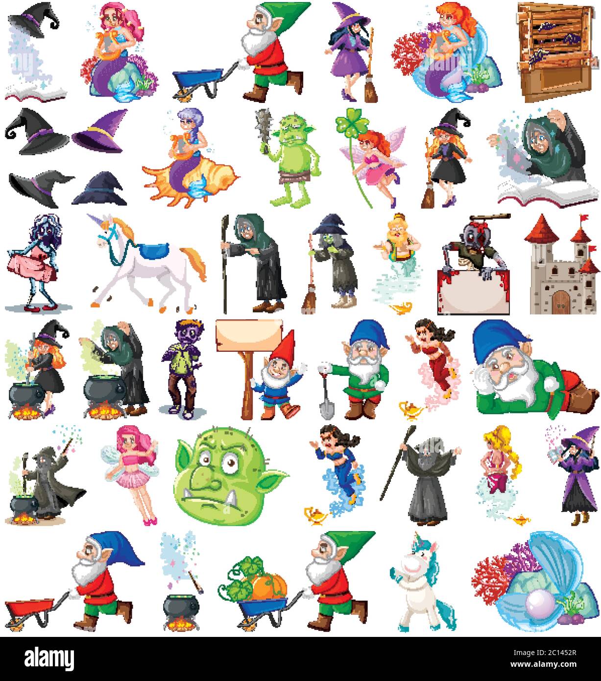 Set of fantasy cartoon characters and fantasy theme isolated on white ...