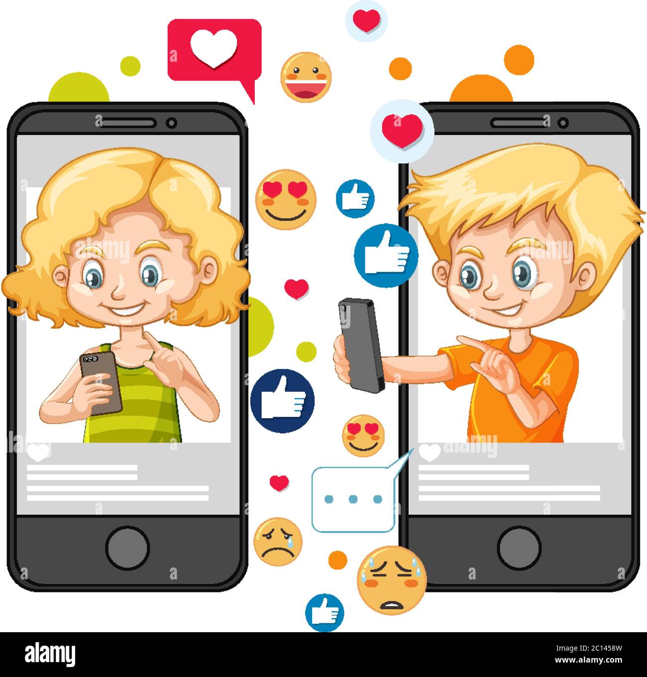 Smart phone with social media emoji icon theme isolated on white ...