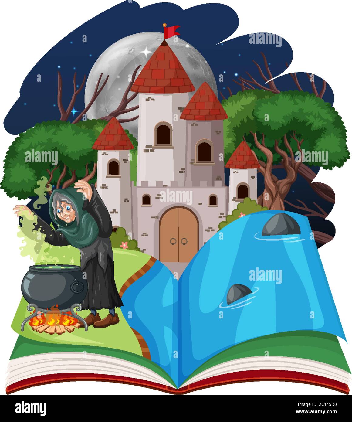 Wizard or witch and castle tower on pop up book cartoon style on white ...