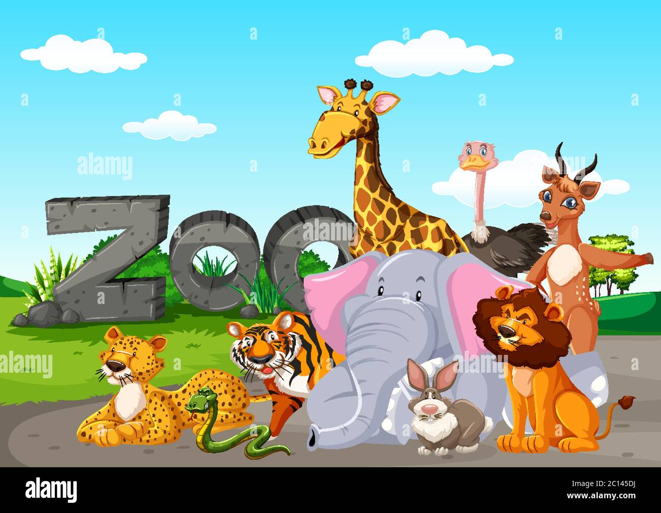 Zoo animals in the wild nature background illustration Stock Vector ...