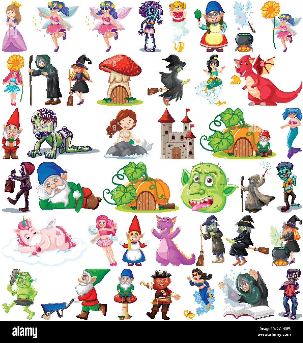 Set of fantasy cartoon characters and fantasy theme isolated on white ...
