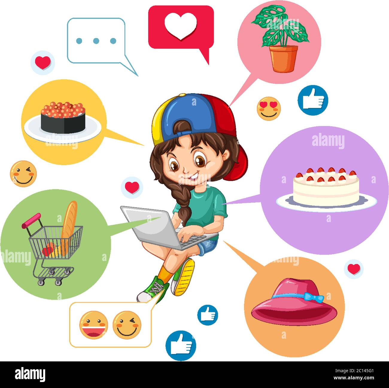 Girl in green shirt searching on laptop cartoon character isolated on ...