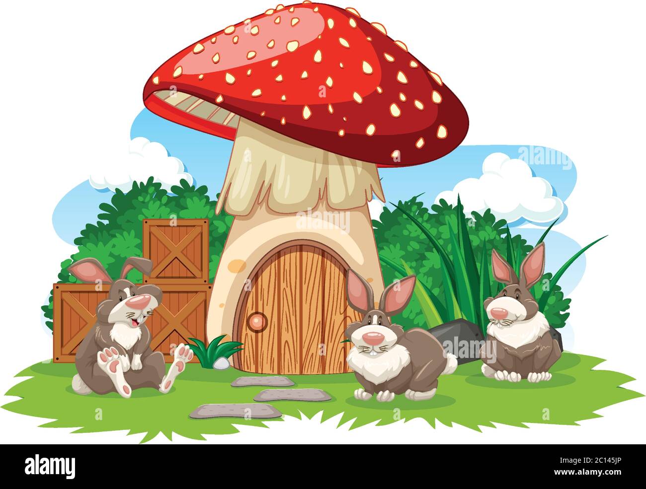 Mushroom house with three rabbit cartoon style on white background ...