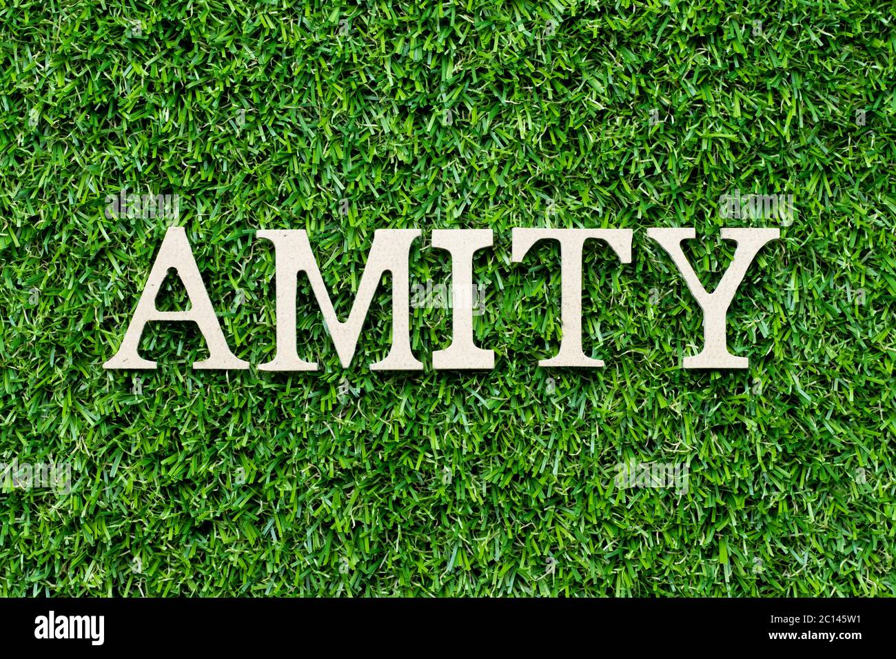 Wood letter in word amity on green grass background Stock Photo - Alamy