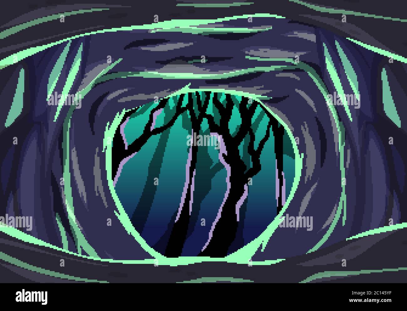 Dark cave with some dark tree cartoon style scene illustration Stock ...