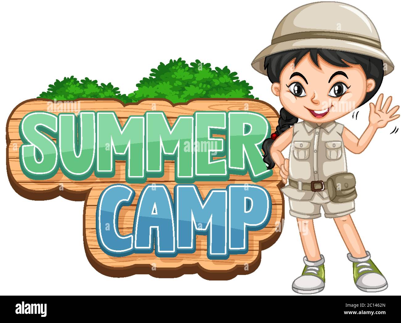 Summer camp sign with girl waving hello illustration Stock Vector Image ...