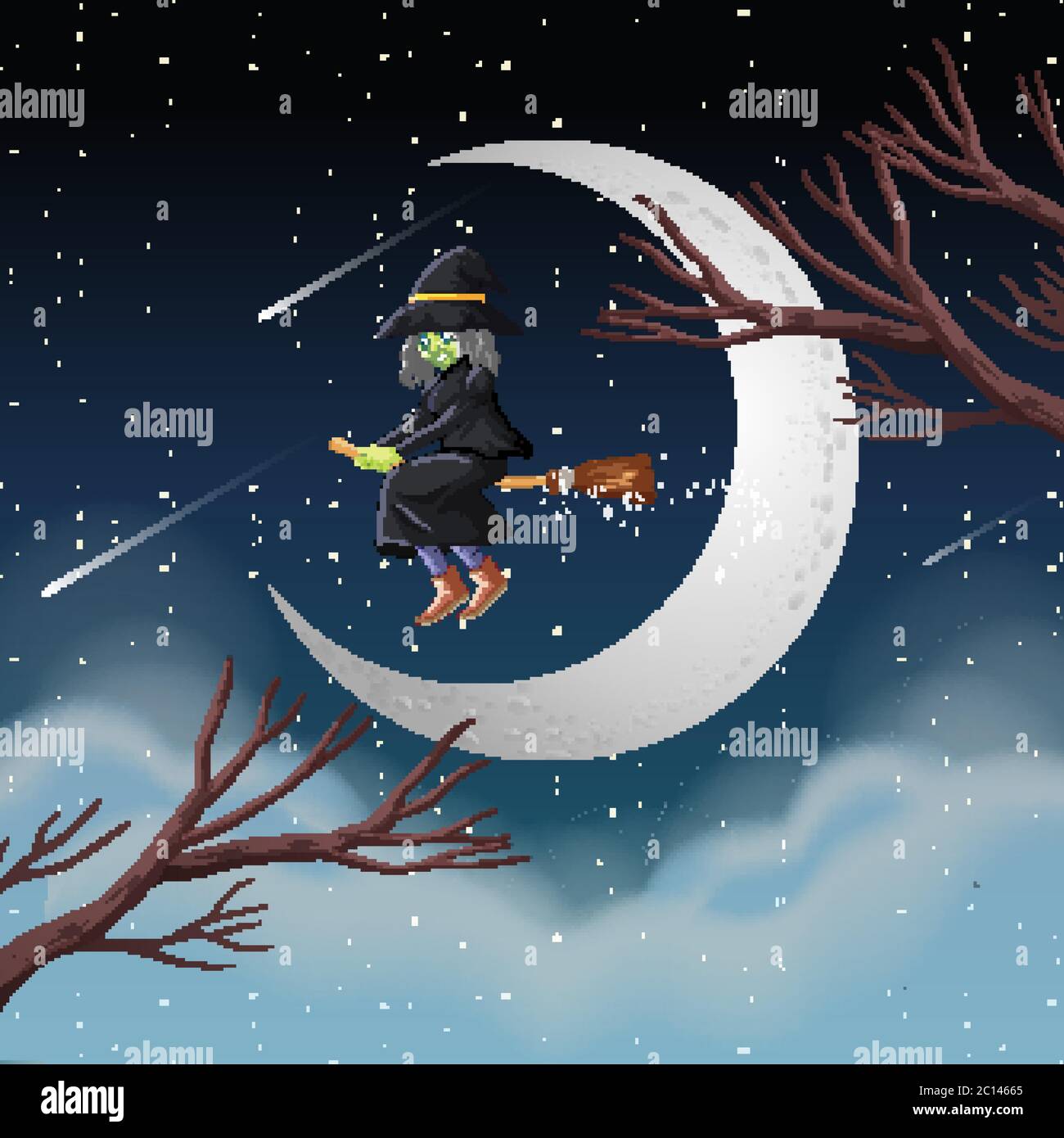 Witch or wizard riding broomstick the sky isolated on sky background ...