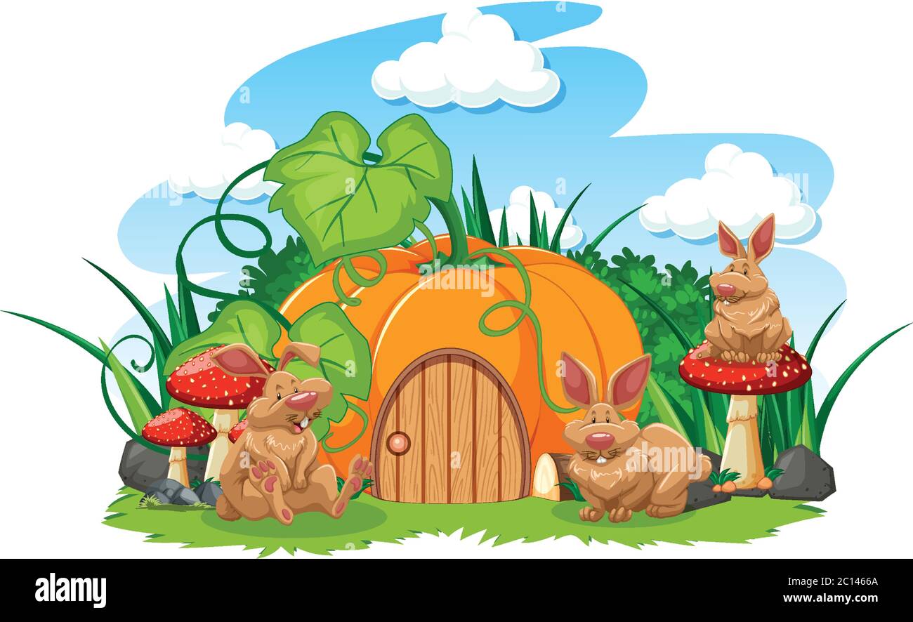 Pumpkin house with three rabbit cartoon style on white background ...