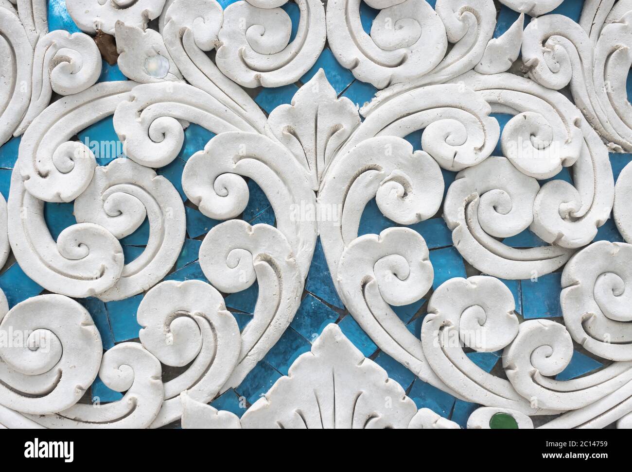 Blue Mirror and Thai Art Sculpture on Temple Wall Background with ...