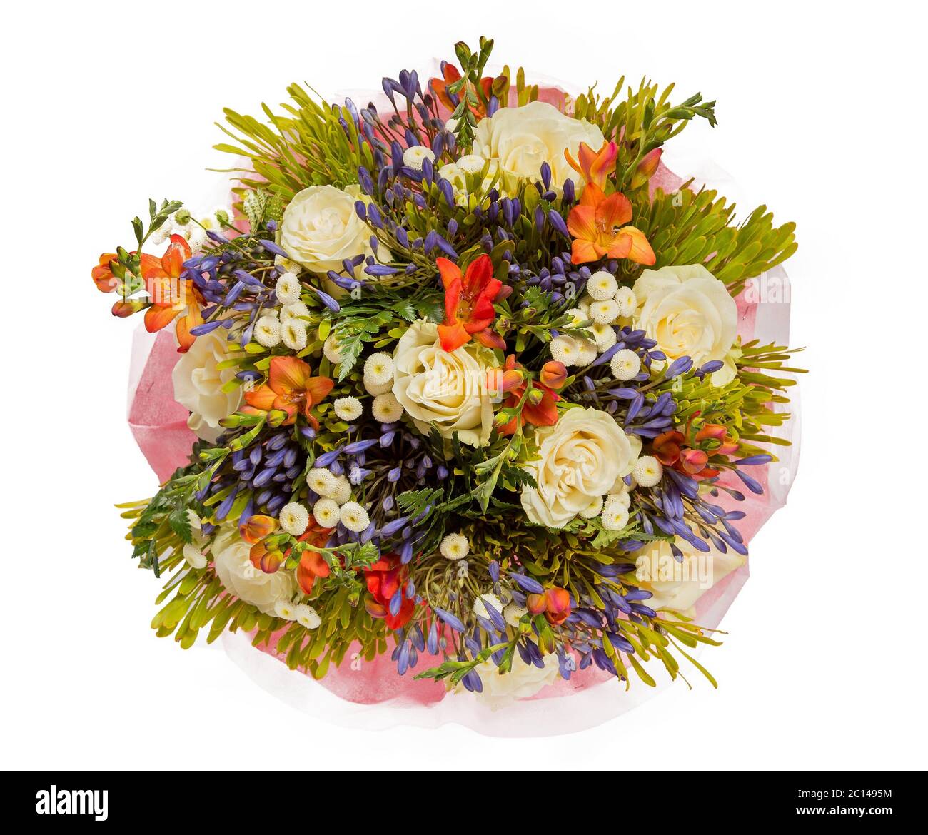 Bouquet of flowers top view on white background Stock Photo - Alamy