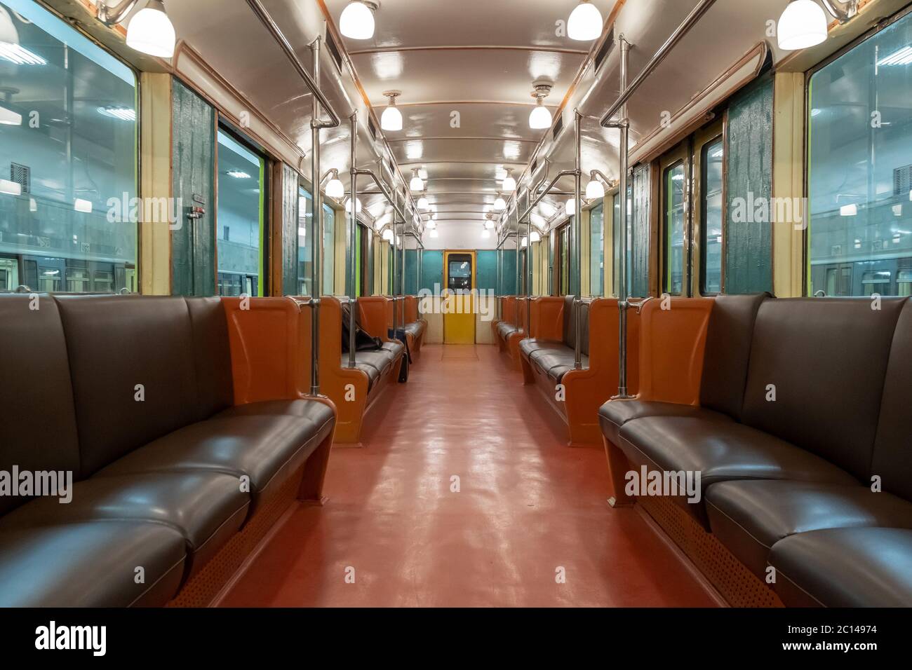Insides of retro underground train Stock Photo - Alamy