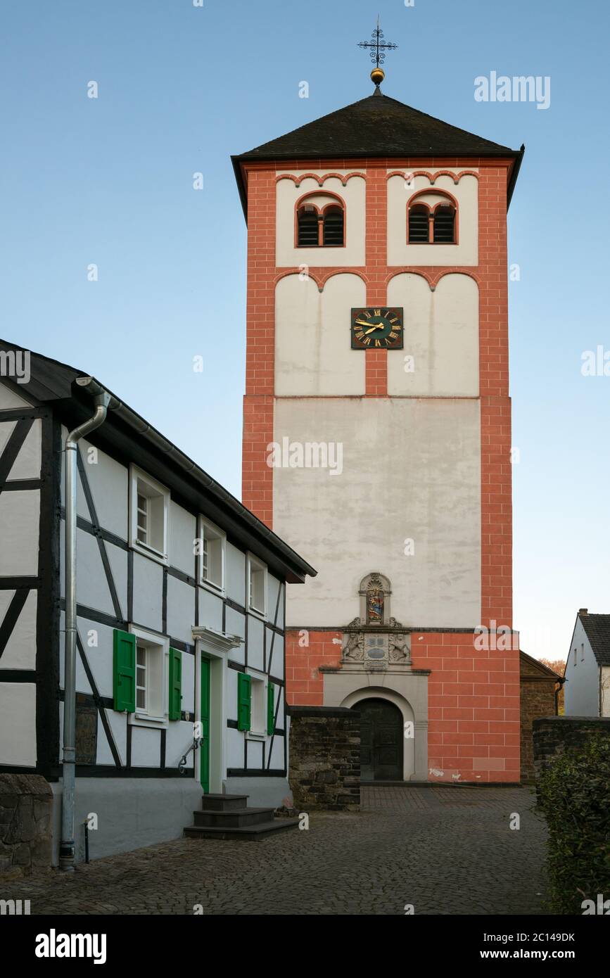 Center of village Odenthal with parish church and old buildings at ...
