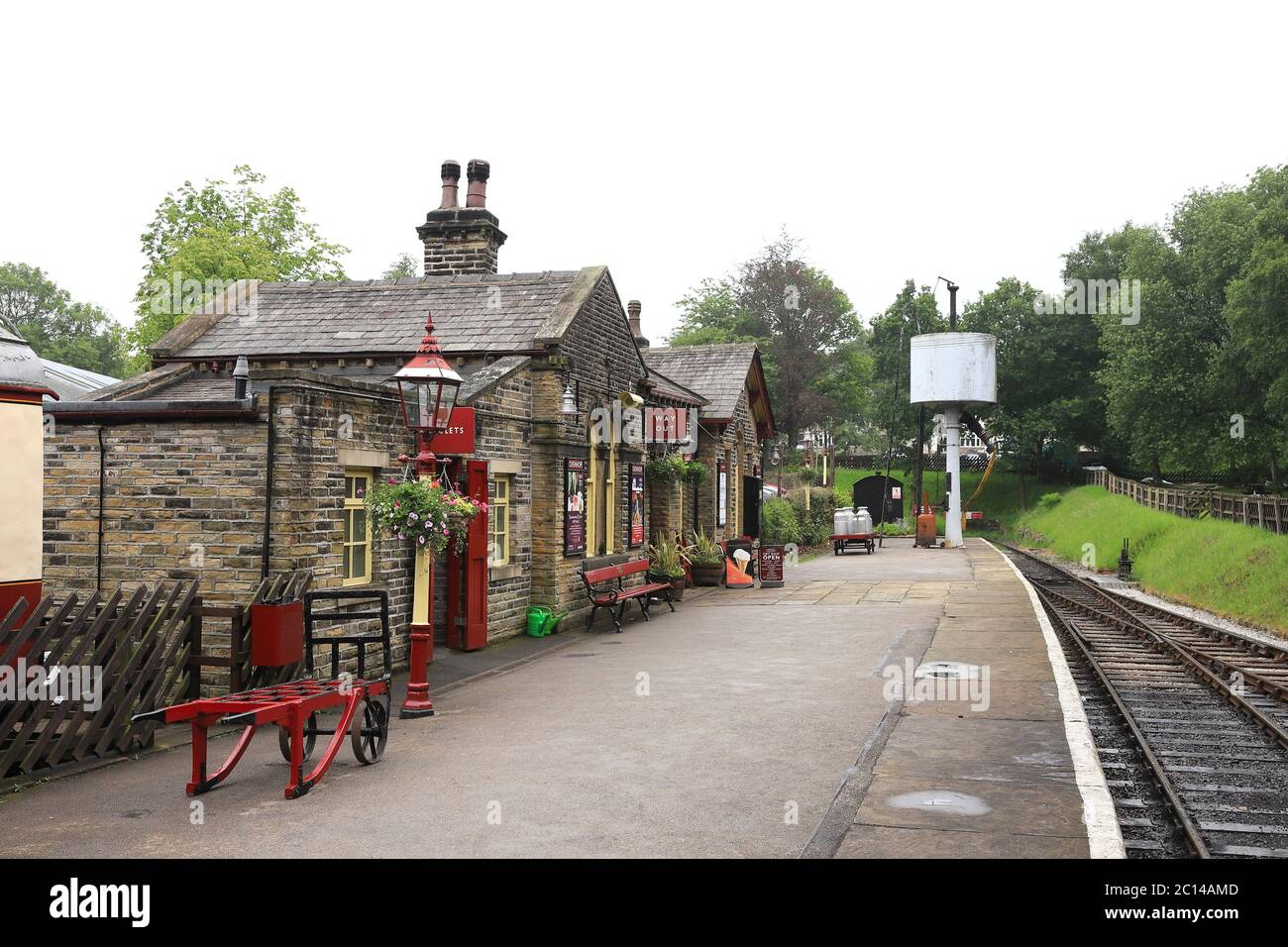 The view along the platform of Oxenhope Station on the Keighley and ...