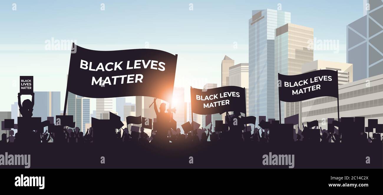 silhouette of protesters with black lives matter banners awareness ...