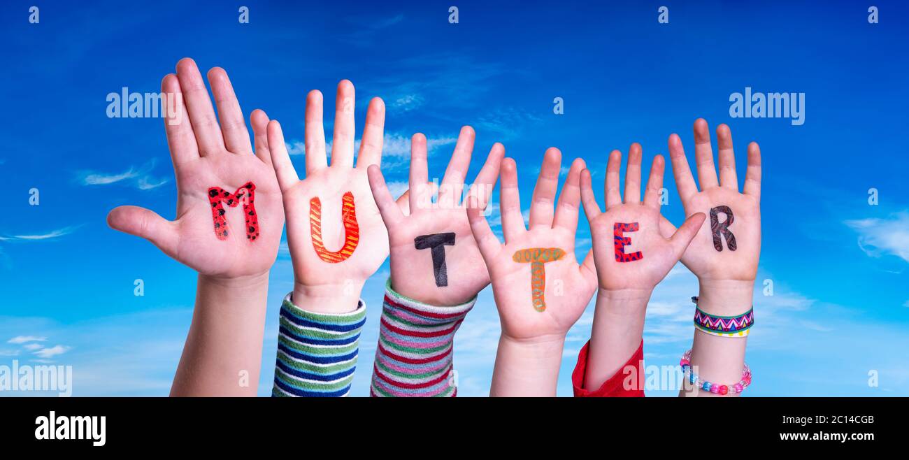 Children Hands Building Word Mutter Means Mother, Blue Sky Stock Photo ...