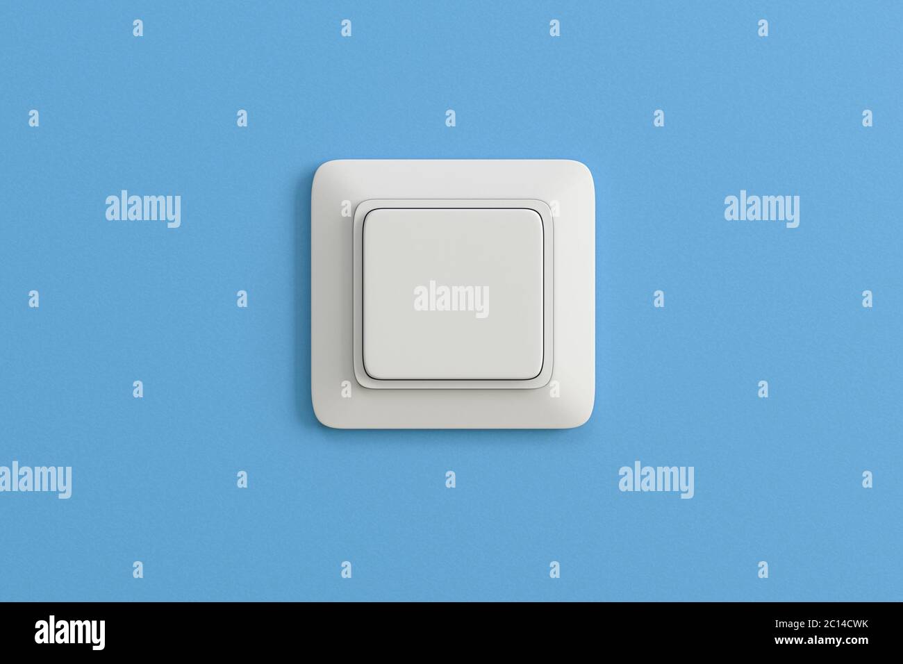 Electric switch. Square white plastic switch on blue wall. 3d rendering ...
