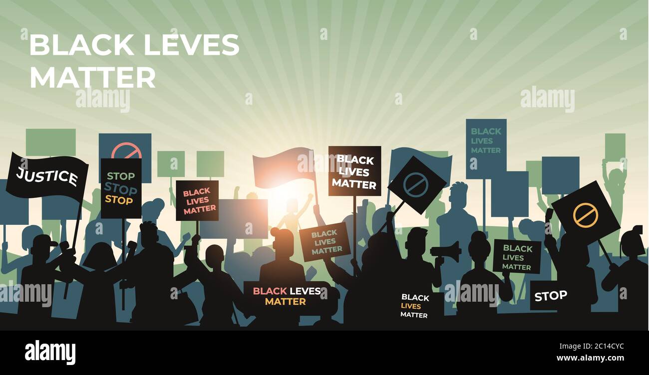 silhouette of protesters with black lives matter banners awareness ...