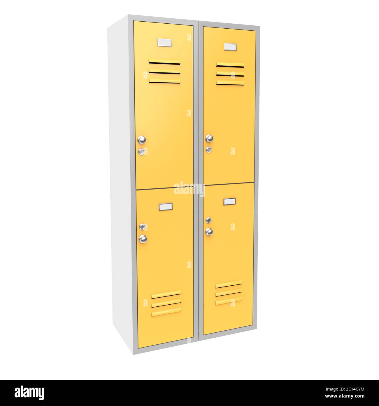 Yellow metal lockers with open door. Two level compartment. 3d ...