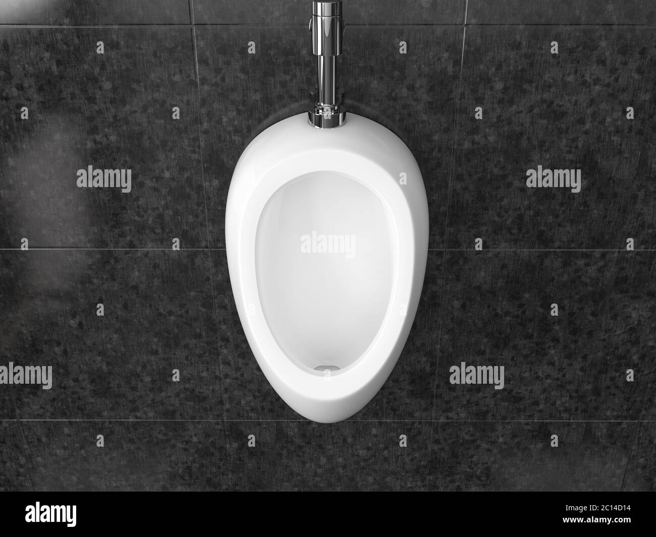 White ceramic urinal. On black tiles background. Public toilet close up ...
