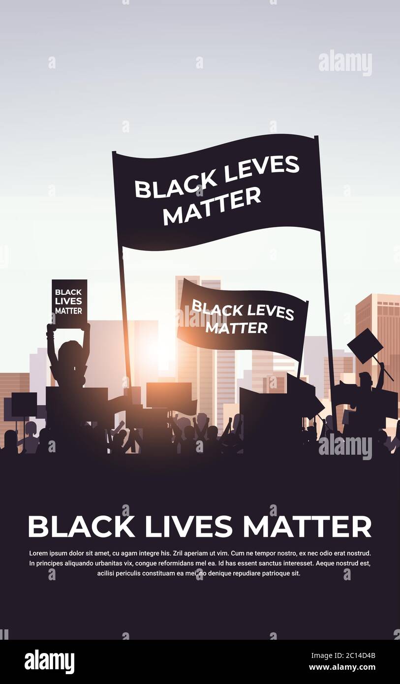 silhouette of protesters with black lives matter banners awareness ...