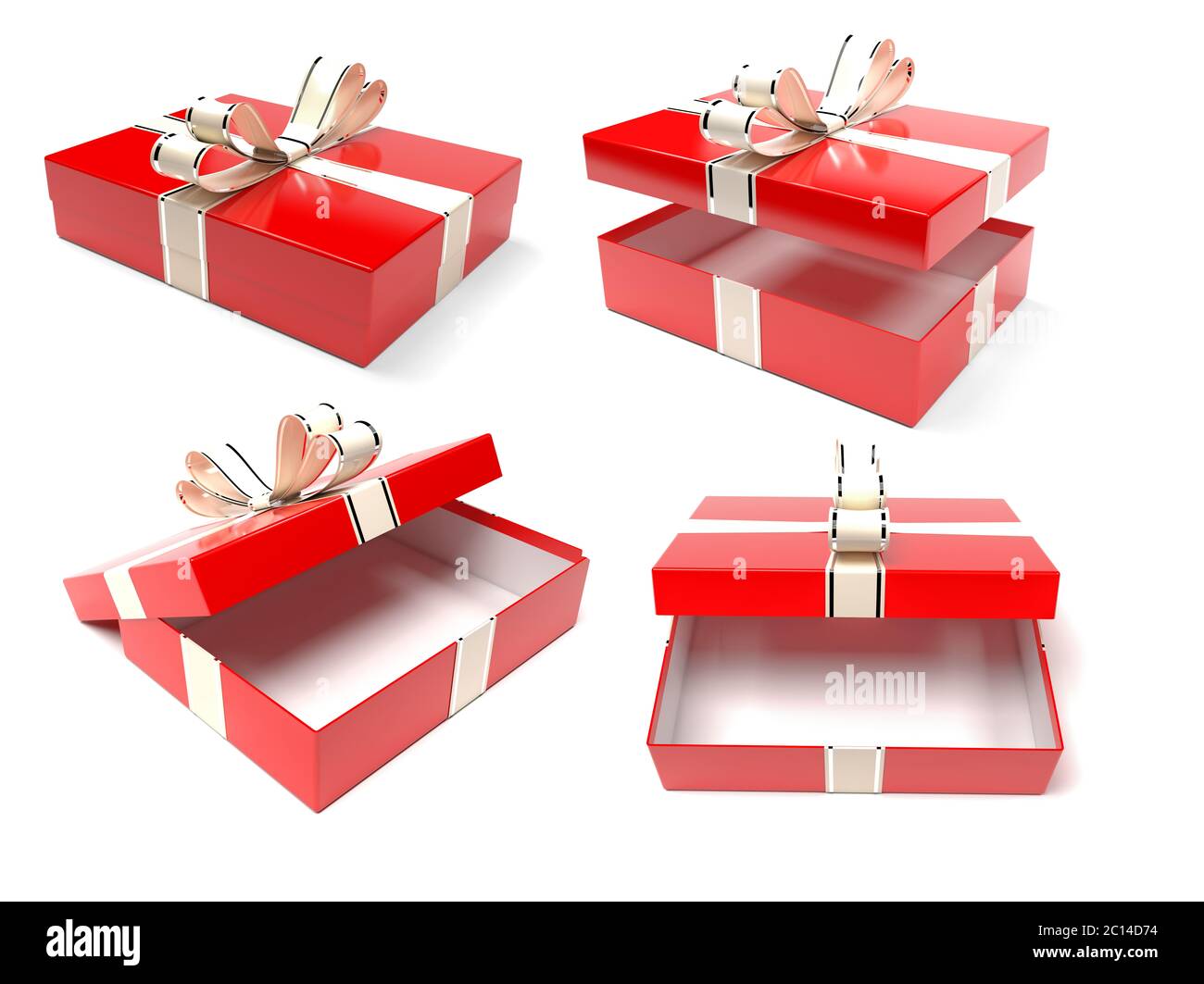 Red gift box with silver ribbon bow. Set. 3d render illustration ...
