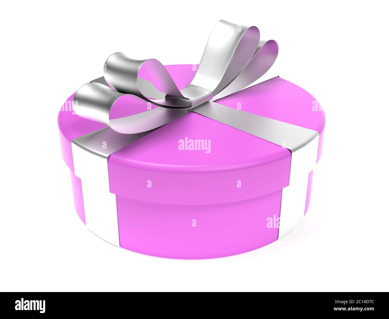 Round violet gift box with silver ribbon bow. 3d render illustration ...