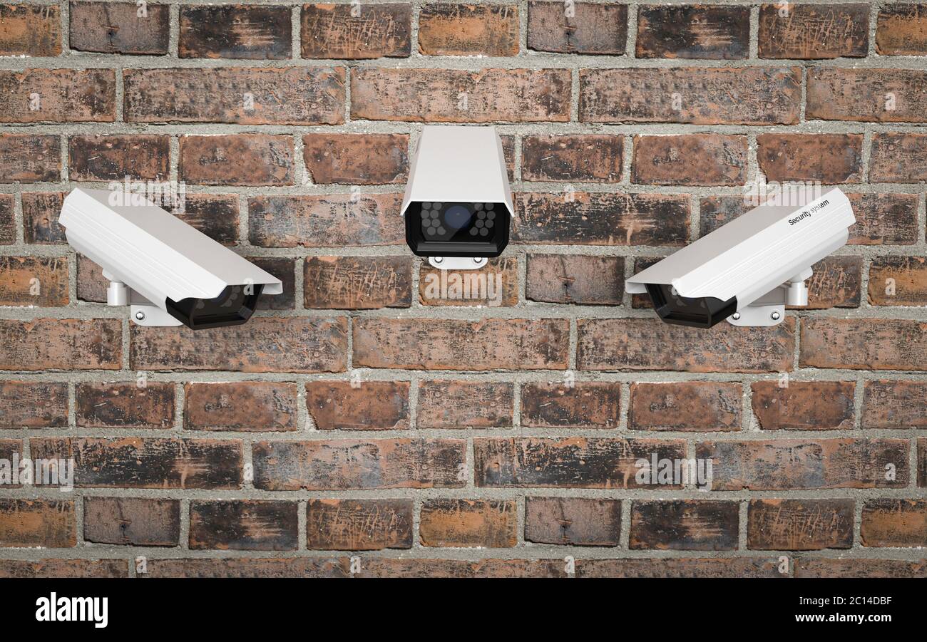 CCTV camera on the red brick wall. Set of different views. 3d rendering ...