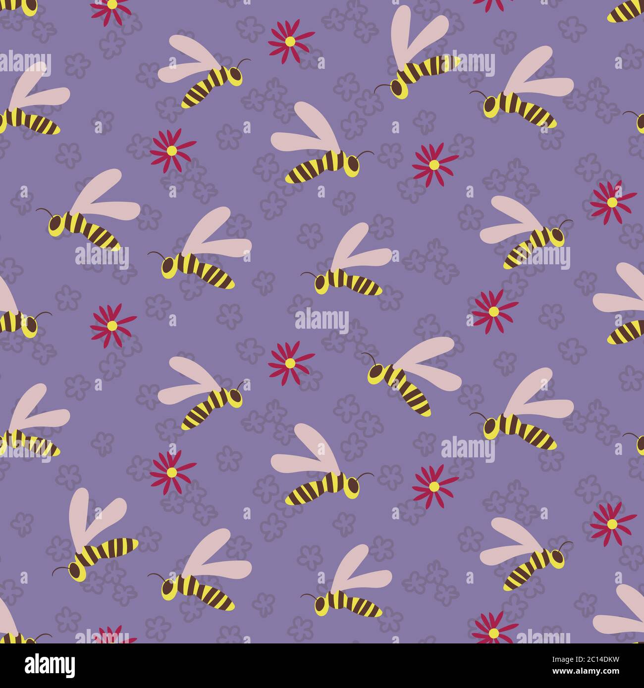 Swarm of wasps seamless vector pattern on lilac garden background ...