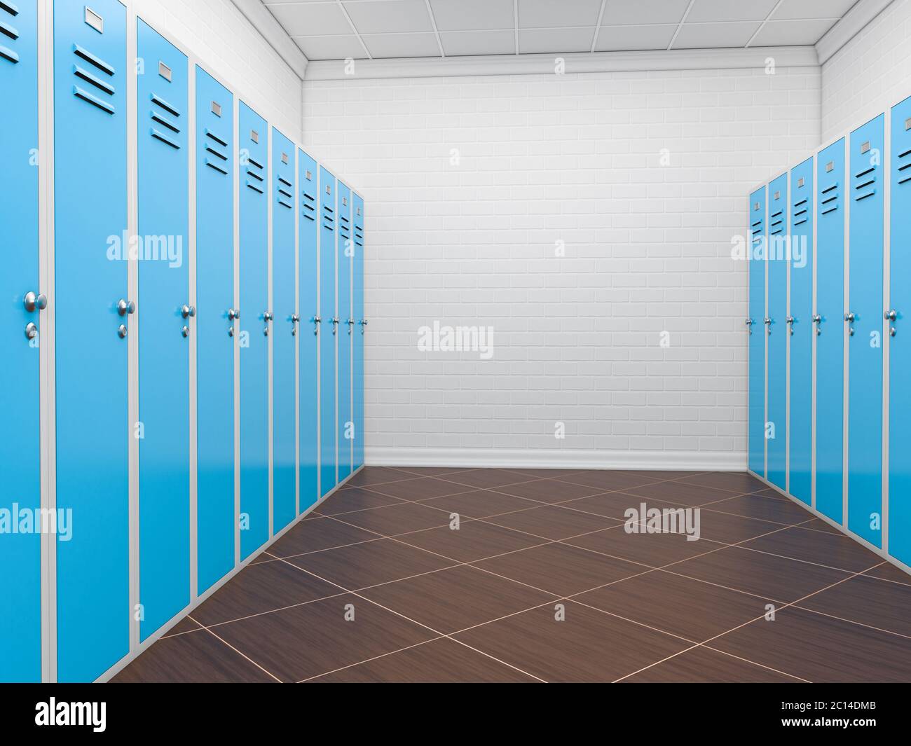 Blue lockers on opposite walls in an empty room. 3d rendering ...