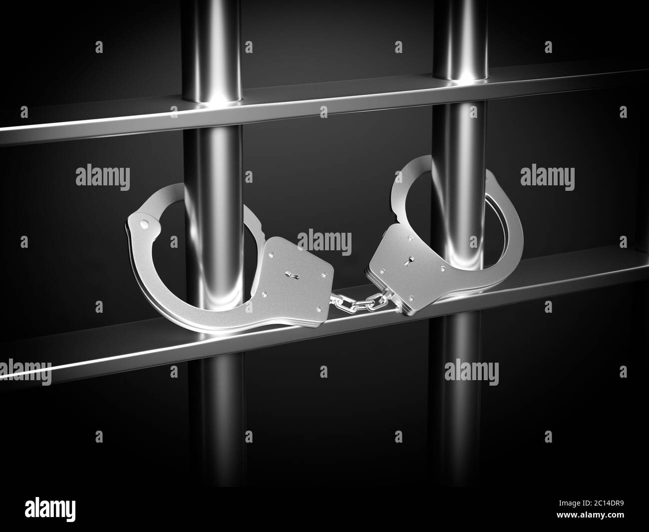 In jail. Closed handcuffs on prison metal bars. 3d rendering ...