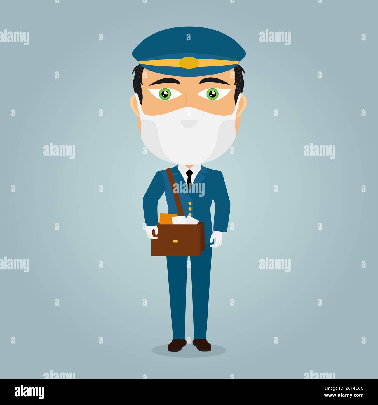 Postman male white mail deliverer with white virus mask and gloves bag ...