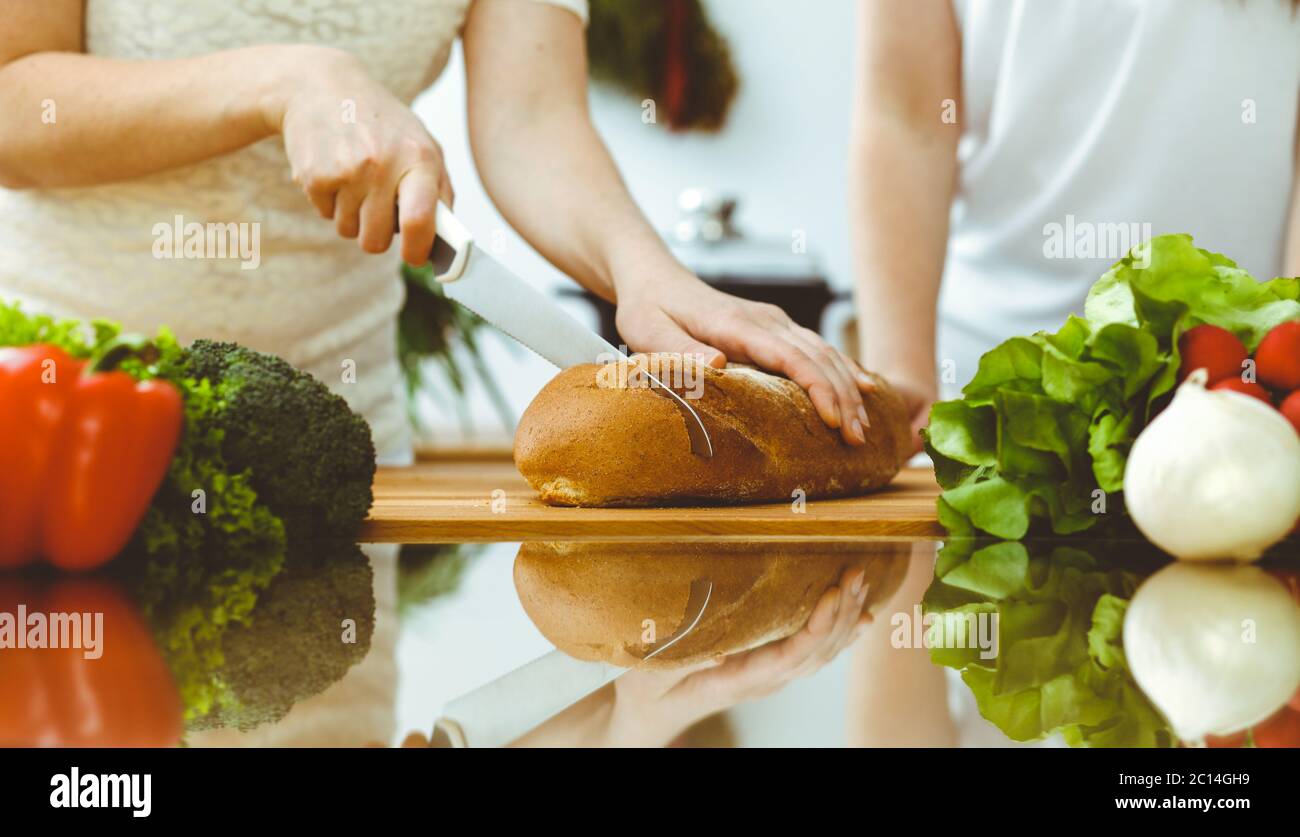 Closeup of human hands cooking in kitchen. Mother and daughter or two ...