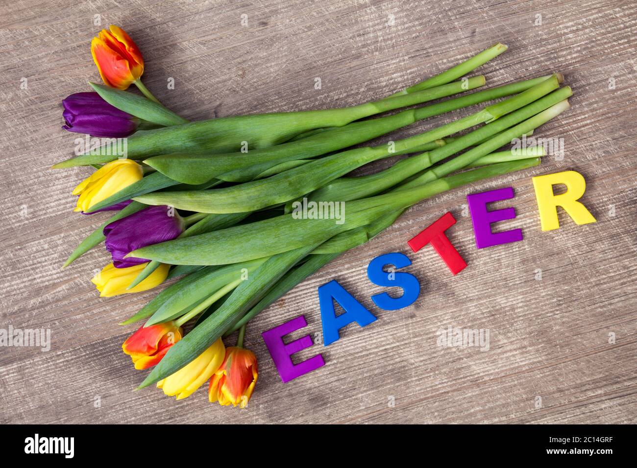 Lettering EASTER and colorful tulips Stock Photo - Alamy