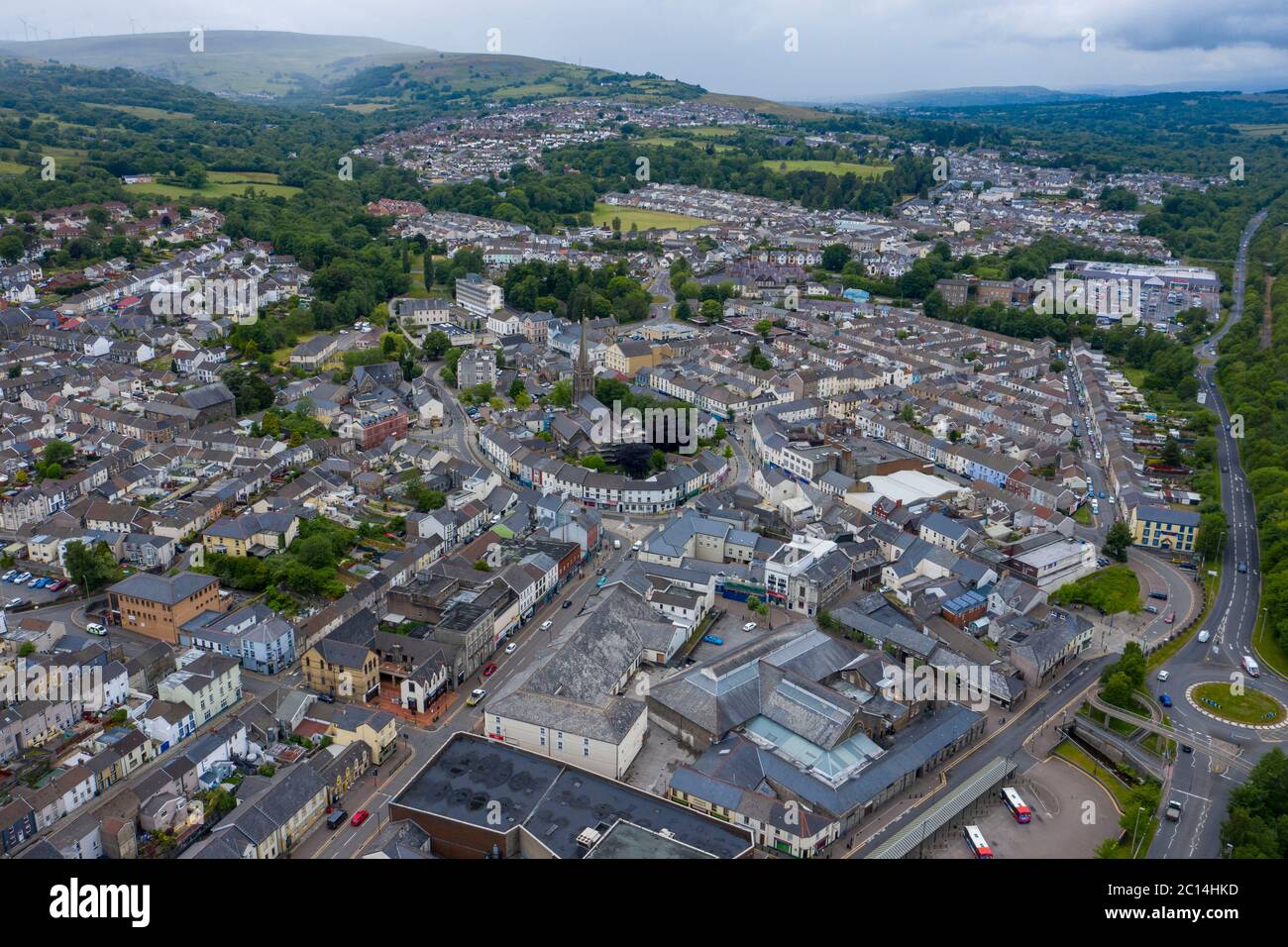 An aerial view of Aberdare town centre in the Cynon Valley, Rhondda ...