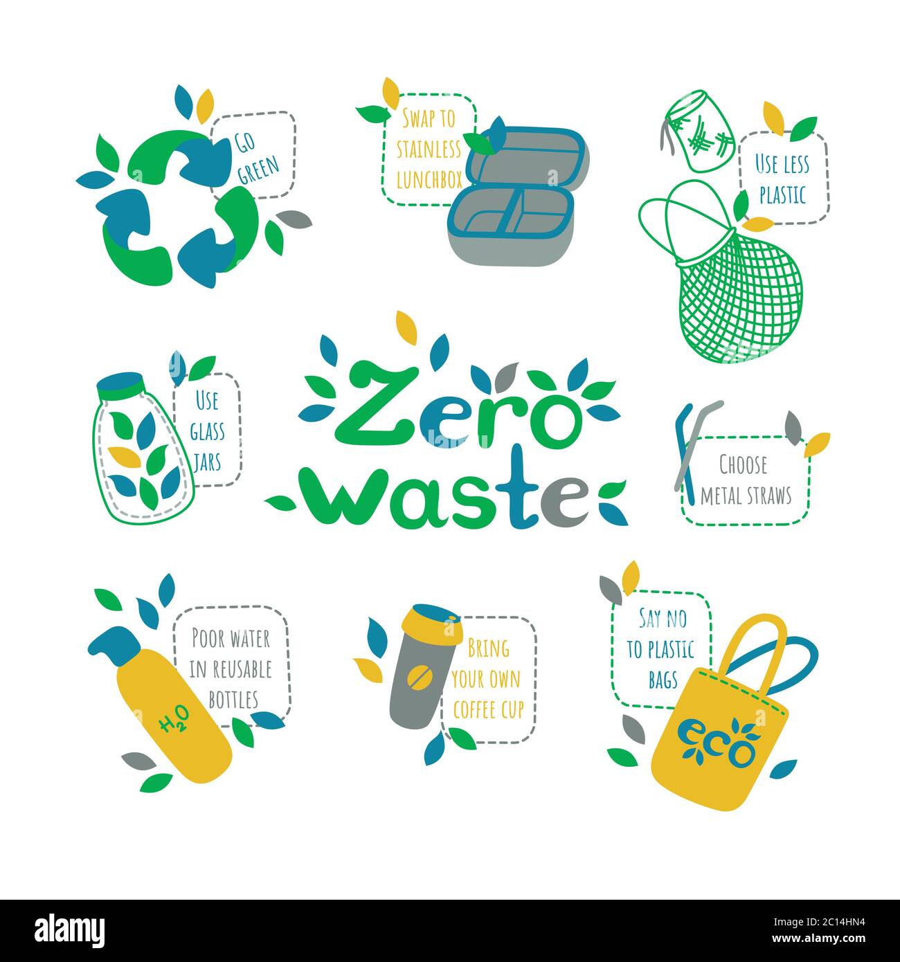 Zero waste set. Symbols of recycling and reducing pollution. Inscriptions encouraging reuse of ...