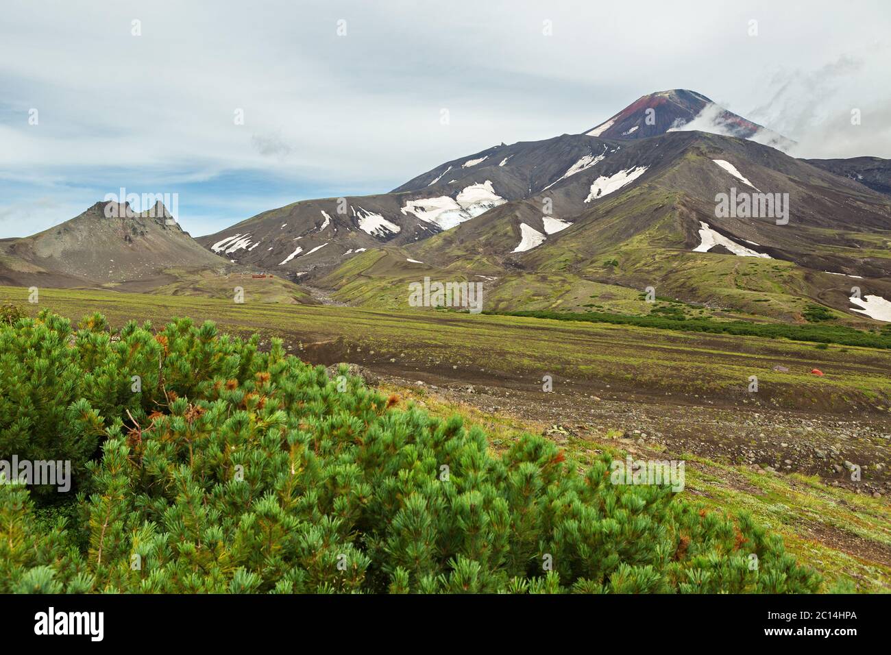 Road along dry river to Avachinskaya group Volcano on Kamchatka ...
