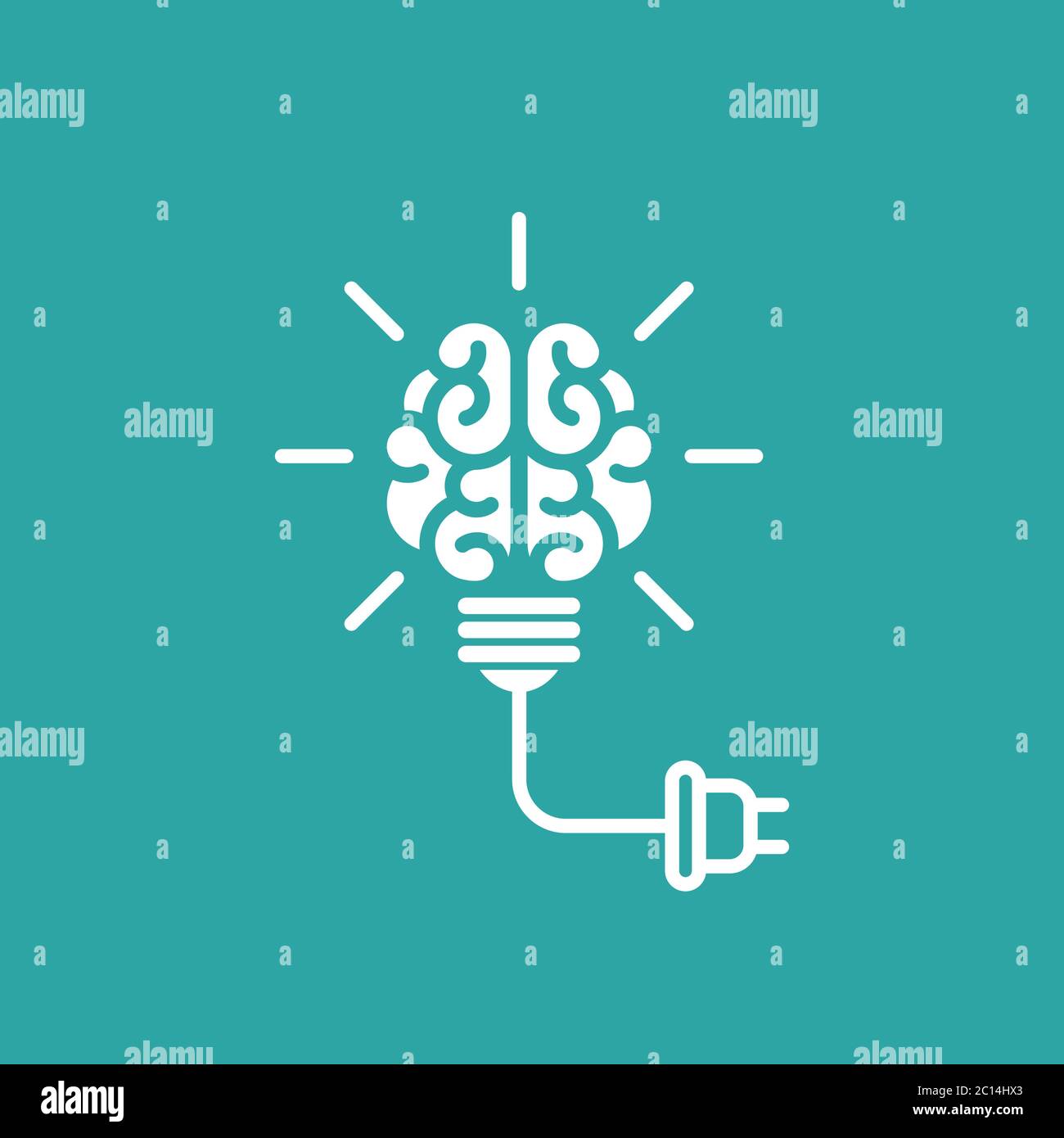 White bulb with brain, rays and electrical plug on blue background ...