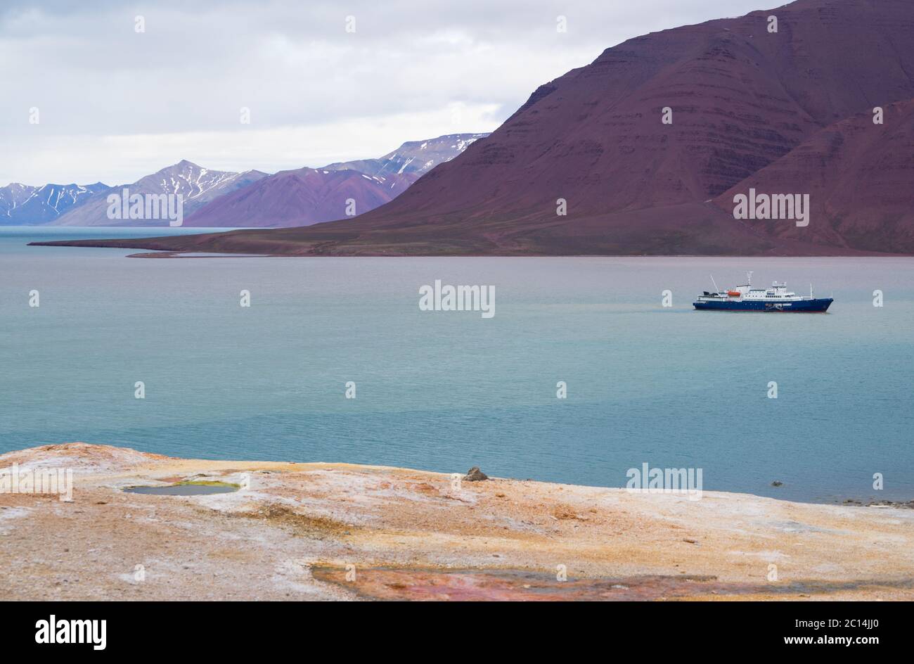 Norway, Spitsbergen, July 8, 2018: Expedition ship in the Arctic summer ...