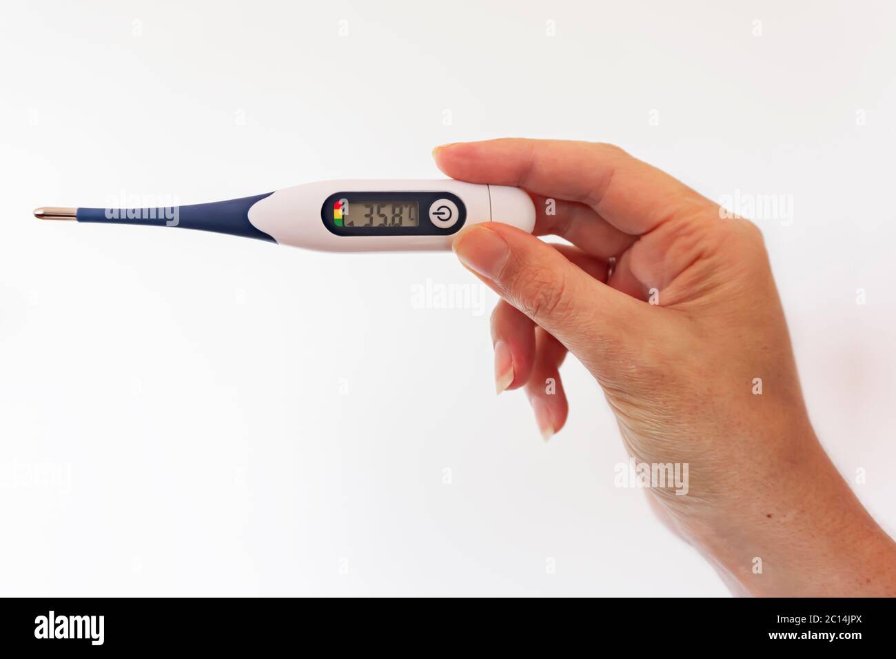 digital thermometer isolated with hand on white background Stock Photo ...