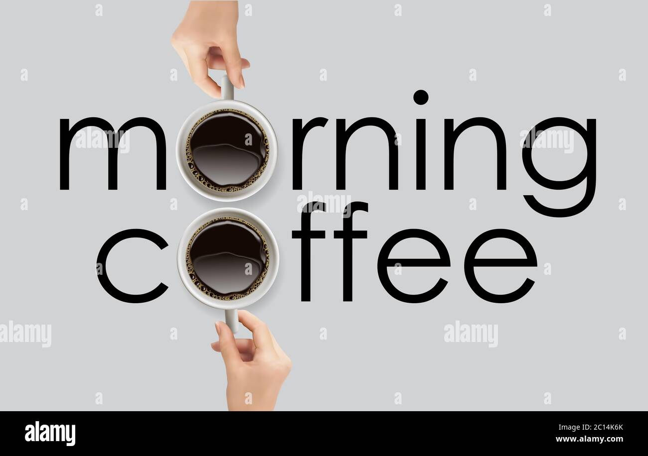 Morning coffee for two. Top view of coffee cups in hands. Realistic 3D ...